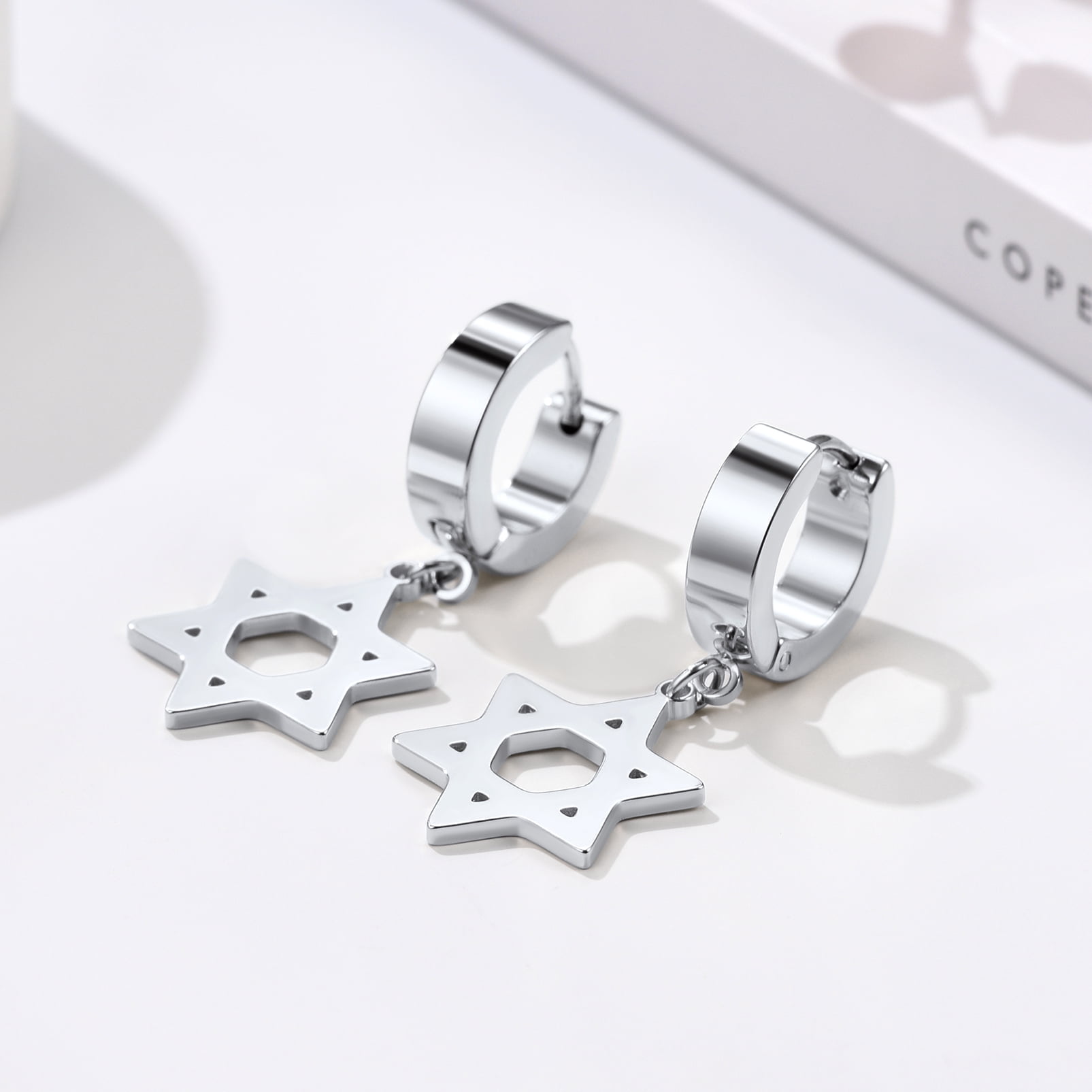 Mens Drop Earrings Huggie Star of David Dangle Dangly Stainless Steel ...