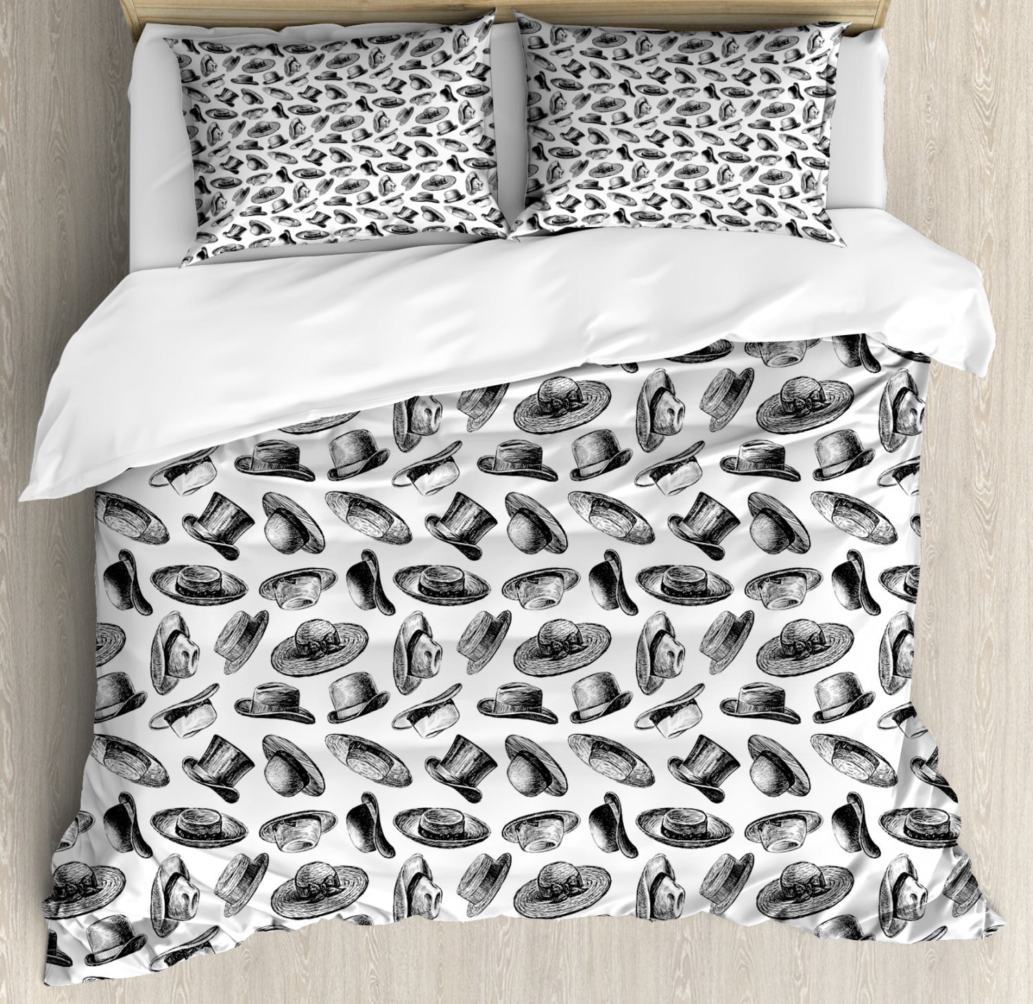 Mens Duvet Cover Set Queen Size, Sketch Style Composition of Hats Top ...