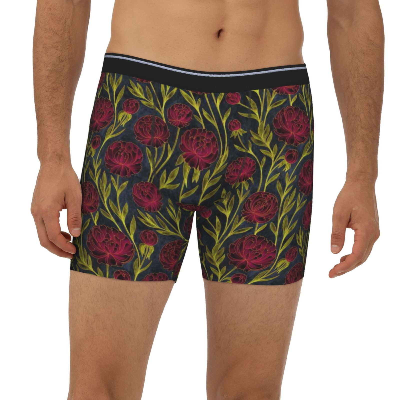 Mens Extended Length Boxer Briefs - Burgundy Peony Flowers Underwear ...