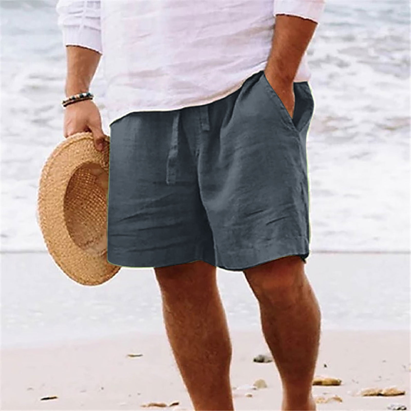 Mens Fashion Casual Solid Pocket Elastic Waist Straight Half Shorts ...