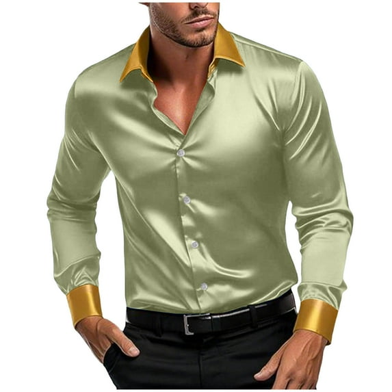 Mens Fashion Satin Button Down Shirts Party Prom Blouses Lapel Long Sleeve Lightweight Thin ...