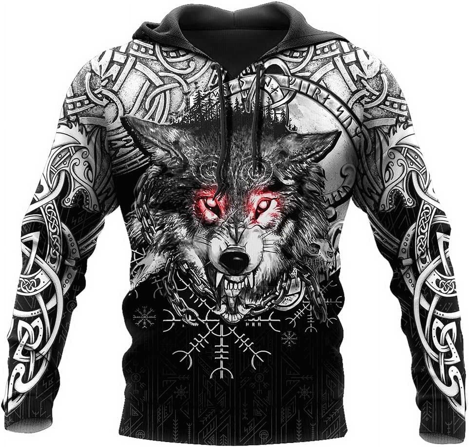 Mens Fenrir Wolf Chain Wrap Tattoo Full Zip Hoodie, Norse Mythology 3D Print Long Sleeve ...
