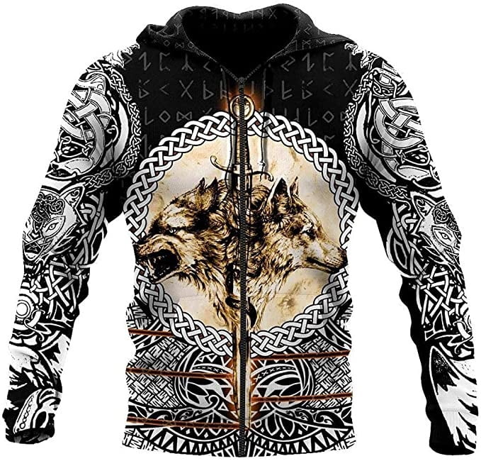 Mens Fenrir Wolf Odin Rune Tattoo Full Zip Hoodie, Norse Mythology 3D Print Long Sleeve Pullover ...