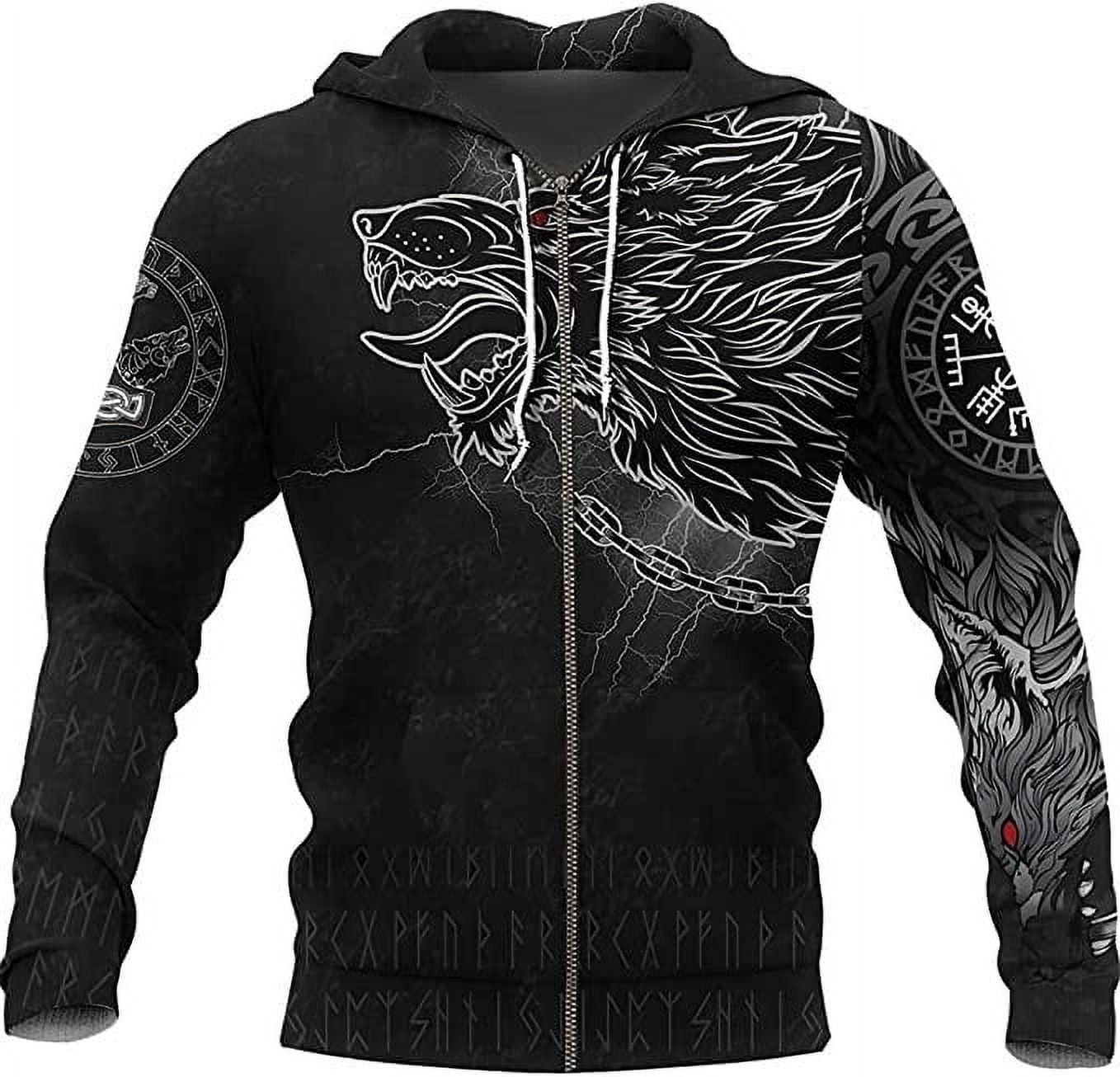Mens Fenrir Wolf Vegvisir Chain Tattoo Full Zip Hoodie Norse Mythology 3D Printed Long Sleeve ...
