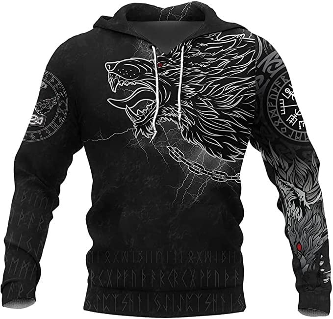 Mens Fenrir Wolf Vegvisir Chain Tattoo Full Zip Hoodie Norse Mythology ...