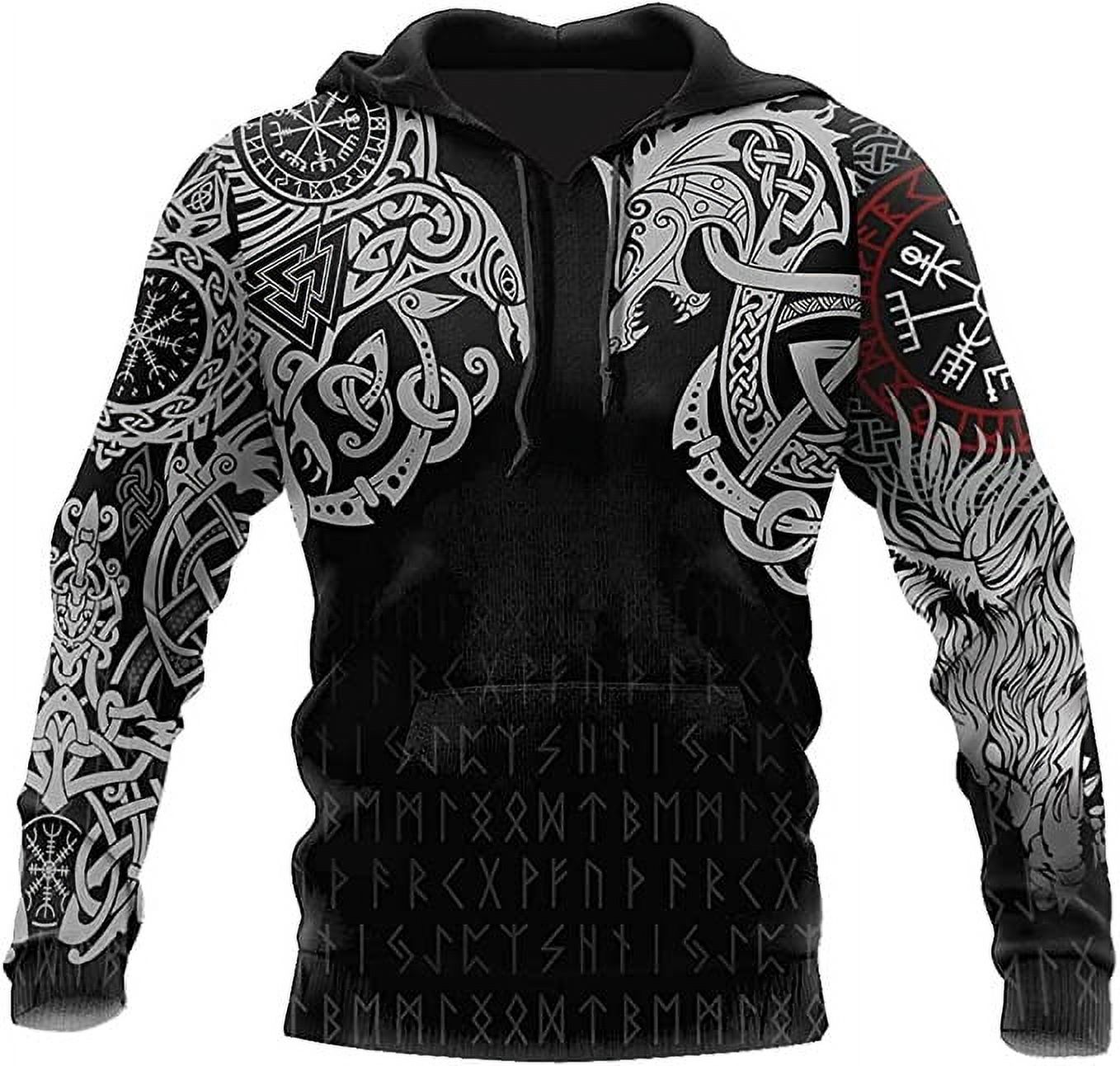 Mens Fenrir Wolf Vegvisir Crow Rune Tattoo Full Zip Hoodie Norse Mythology 3D Printed Long ...