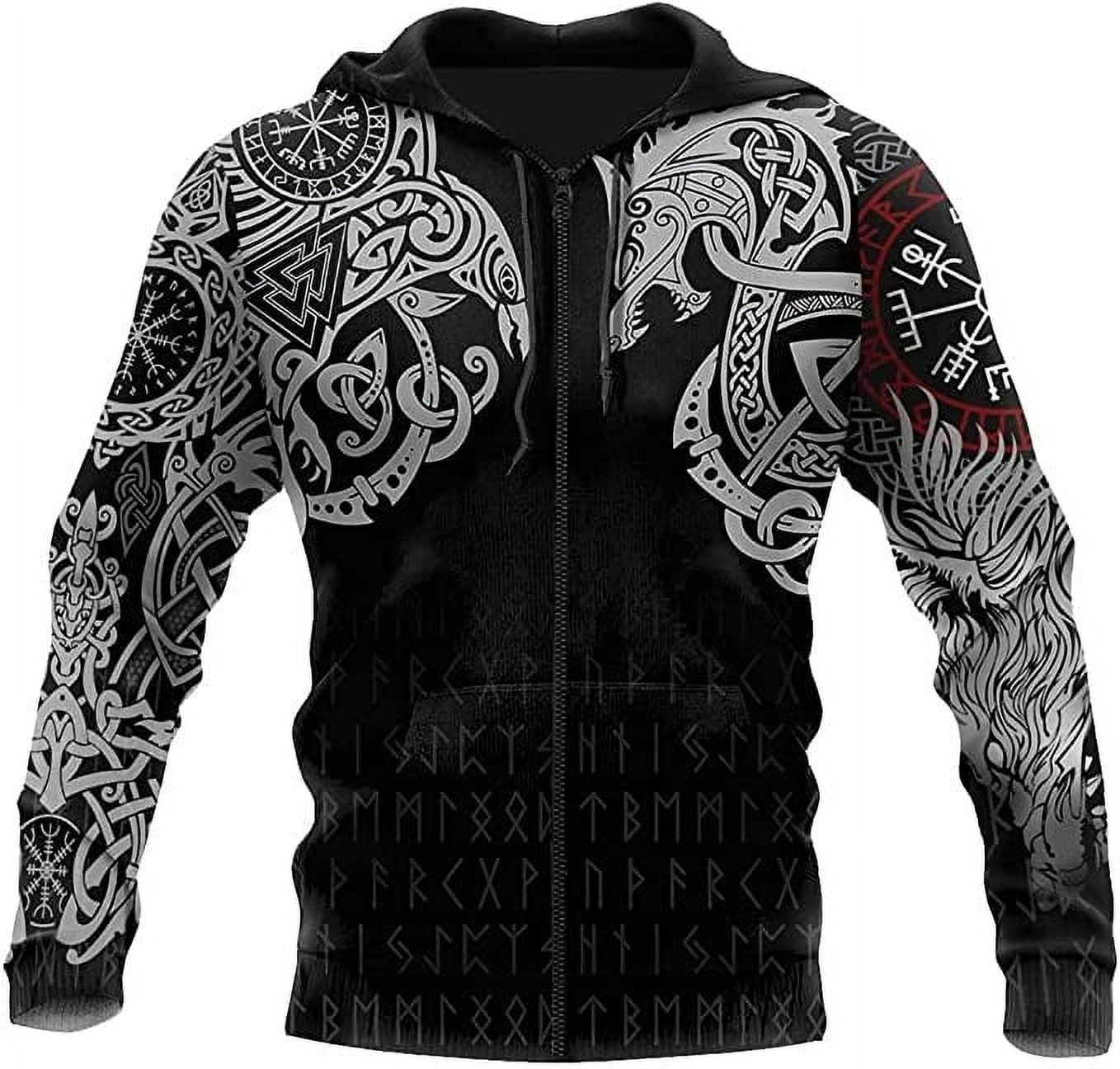 Mens Fenrir Wolf Vegvisir Crow Rune Tattoo Full Zip Hoodie Norse Mythology 3D Printed Long ...