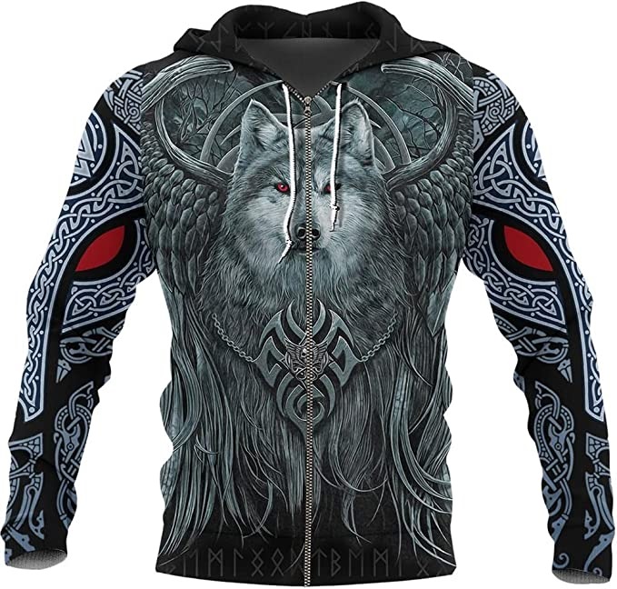 Mens Fenrir Wolf Wings Tattoo Full Zip Hoodie, Norse Mythology 3D Printed Long Sleeve Pullover ...