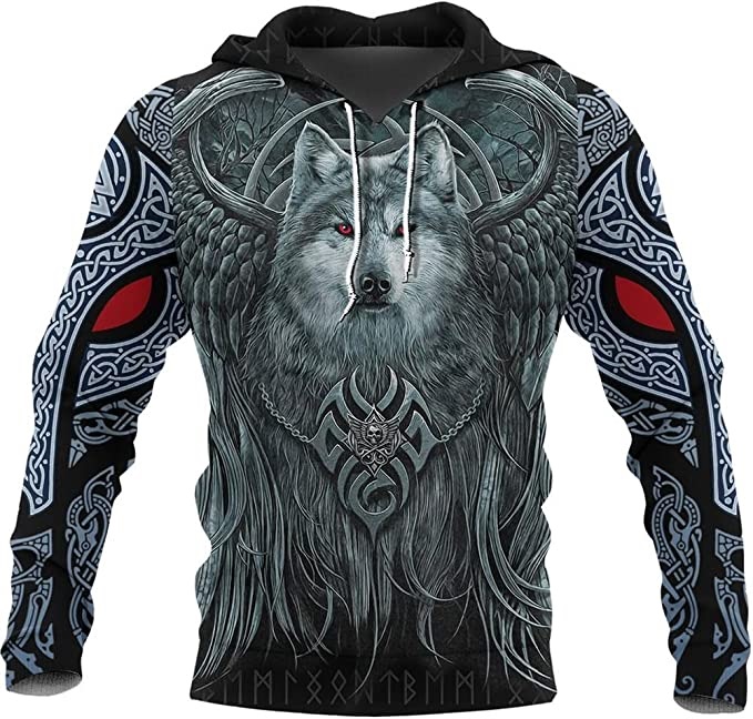 Mens Fenrir Wolf Wings Tattoo Full Zip Hoodie, Norse Mythology 3D Printed Long Sleeve Pullover ...