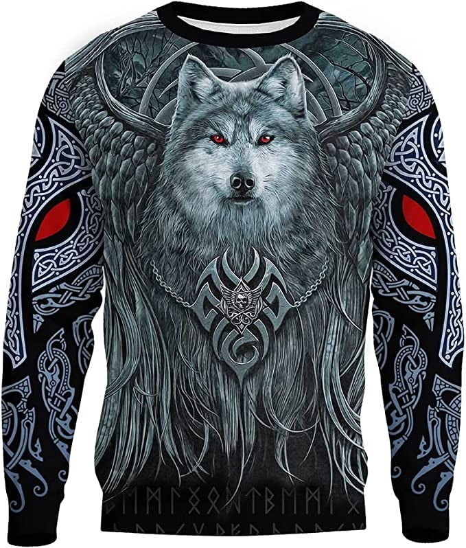 Mens Fenrir Wolf Wings Tattoo Full Zip Hoodie, Norse Mythology 3D Printed Long Sleeve Pullover ...