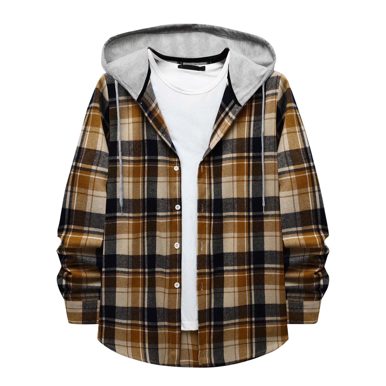 Mens Flannel Hoodie Shirt Casual Button Down Plaid Jacket Shirts ...