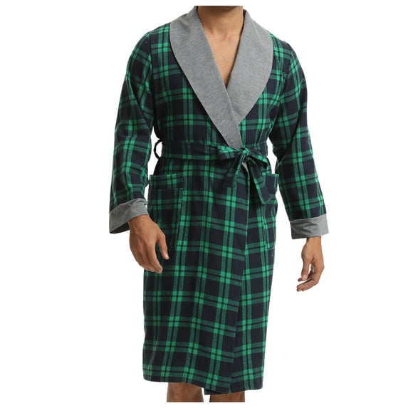 Mens Flannel Plaid Bathrobe Contrast Color Lapel Collar Nightgown ...