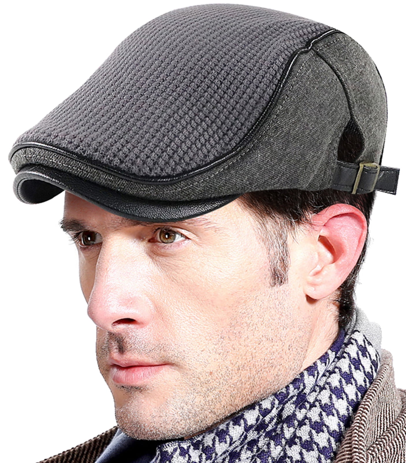 Mens Flat Newsboy Cap Adjustable Beret Hat Stitching Knitted Peaked Cap ...