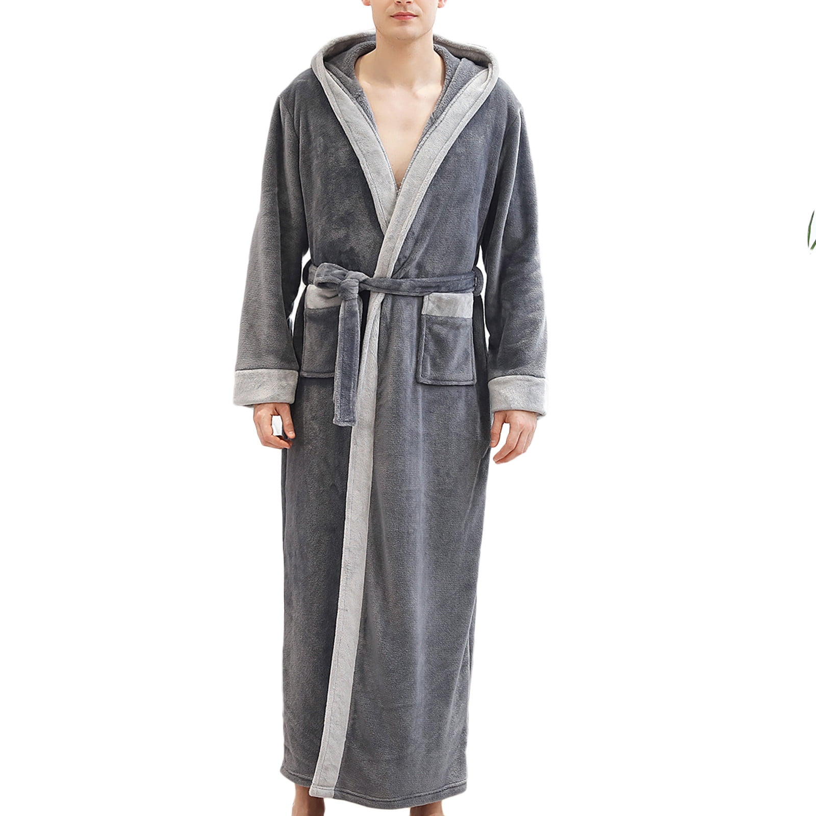 Mens Fleece Hooded Long Robe Comfy Warm Plush Collar Shawl Soft Long Bathrobe Flannel Luxurious ...