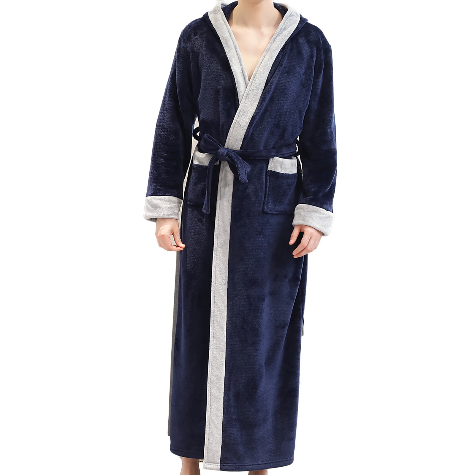 Mens Fleece Hoodie Robe Plush Soft Warm Long Bathrobe Wrap Style Mid Length Flannel Pajamas ...
