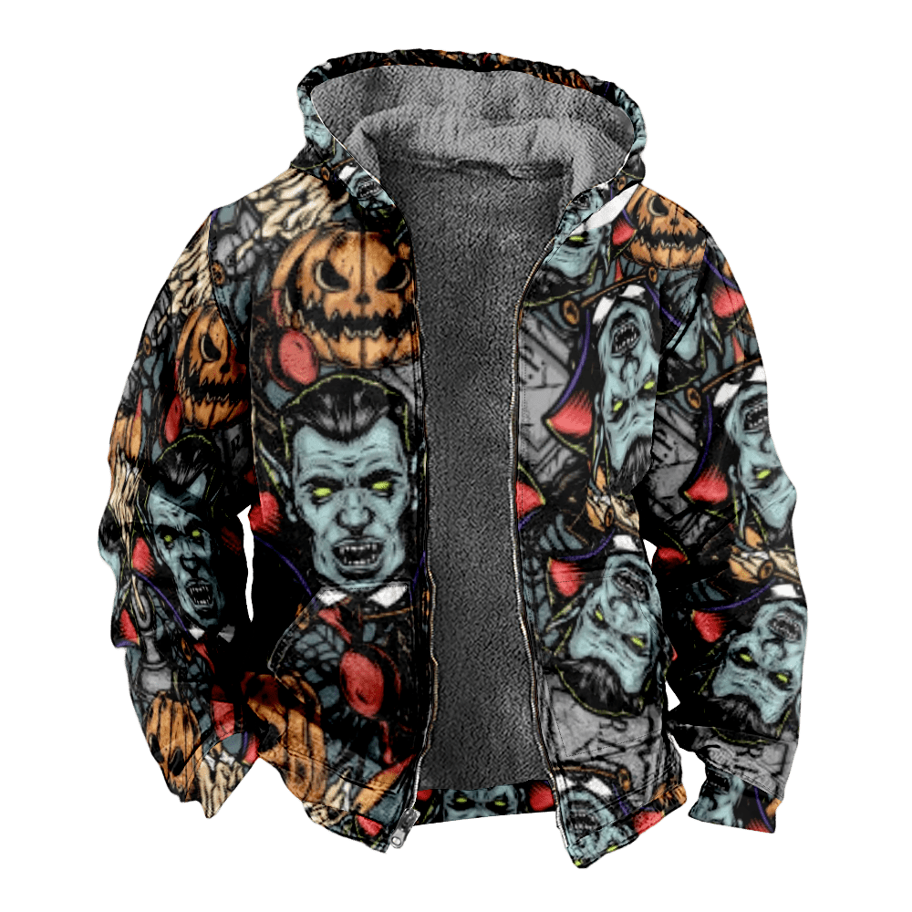 Mens Fleece Jacket-Halloween Scary Pumpkin Head Castle Horror Graphics ...