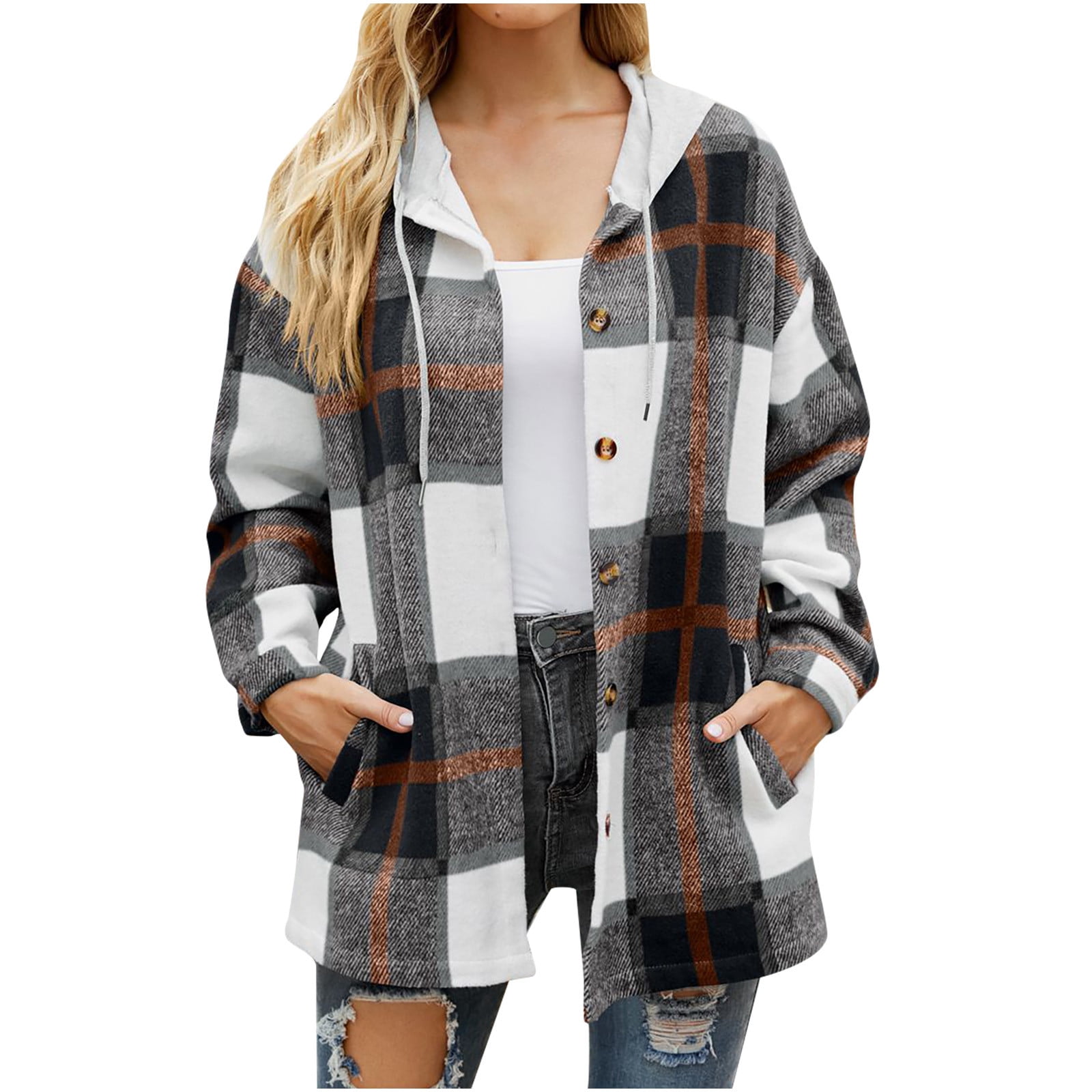 Women's Long Winter Casual Hooded Shacket, Oversized Flannel Plaid Wool ...