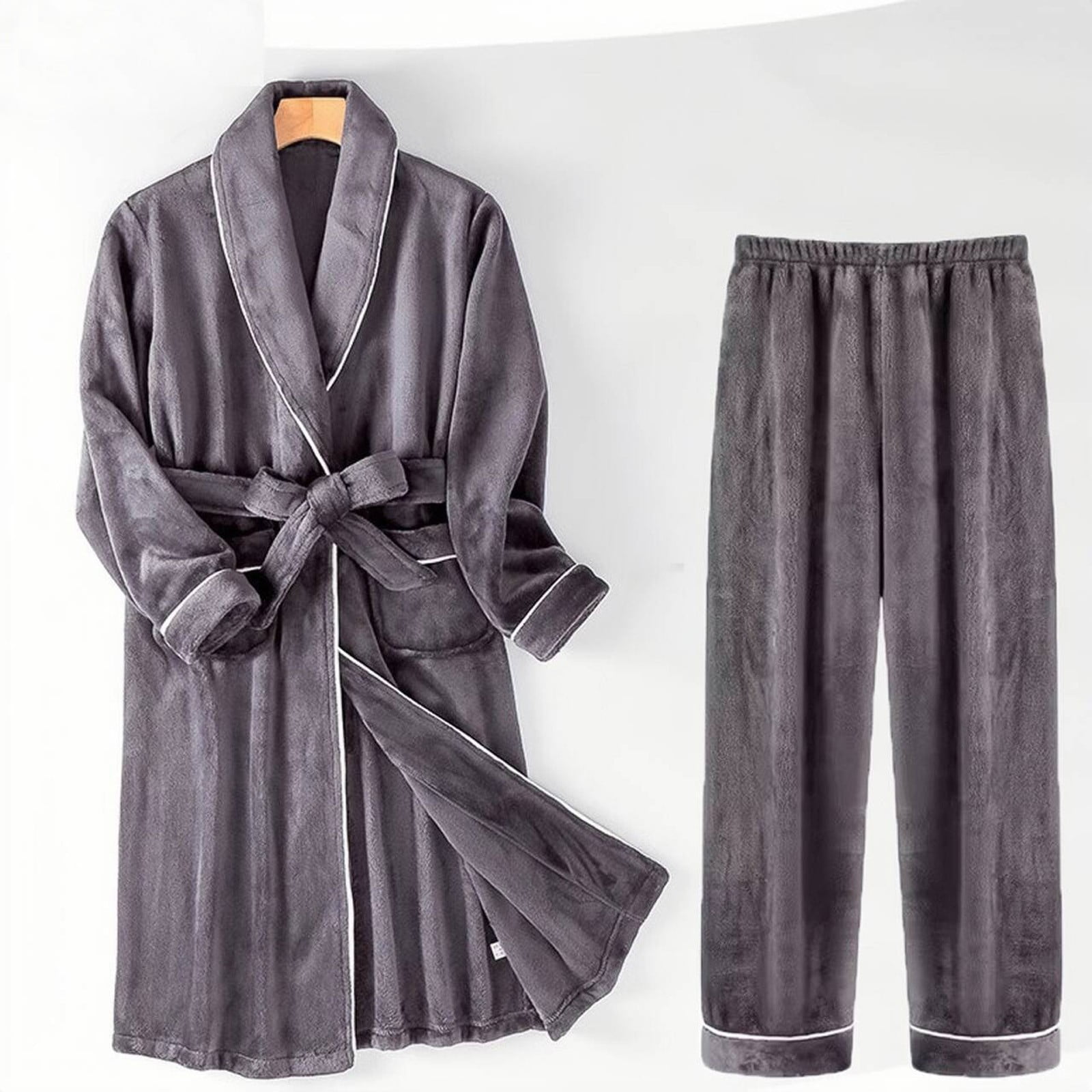Mens Fleece Robes and Pants Sets with Pockets and Belt 2 Piece Pajamas ...
