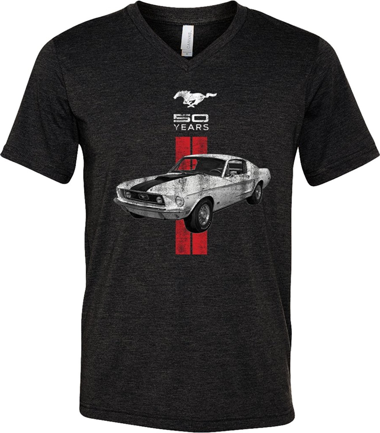 Mens Ford Mustang Red Stripe GT V-neck Tee Shirt - Charcoal Black ...