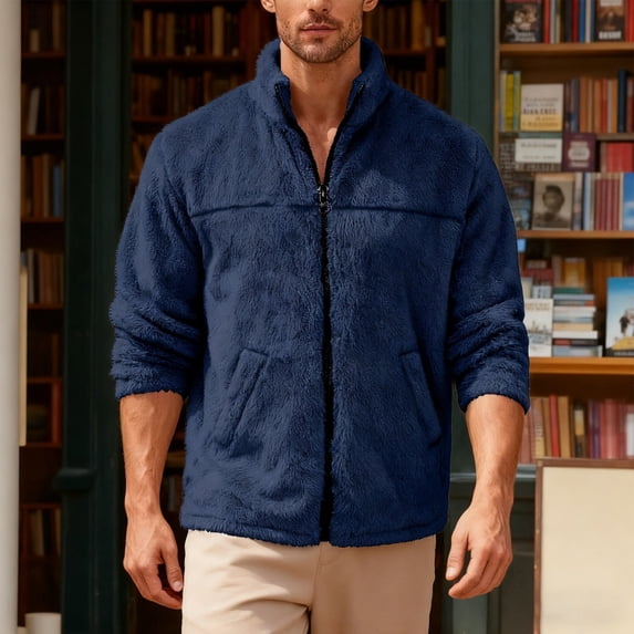 Mens Fuzzy Sherpa Jacket Cardigan Long Sleeve Full Zip Open Front Coat ...