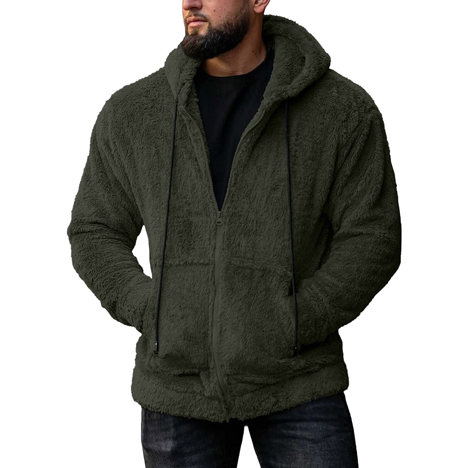Mens Fuzzy Sherpa Jacket Fluffy Fleece Zip Up Open Front Hooded ...