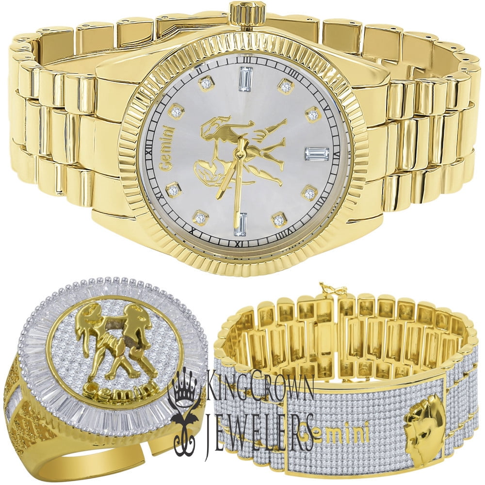 Mens Gemini Twins Lucky Zodiac Sign 14K Gold Finish Simulated Diamond ...
