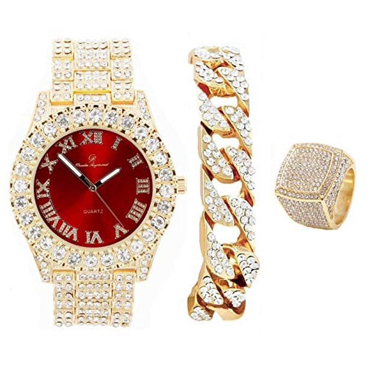 Mens Gold Big Rocks Bezel Blood Red Dial with Roman Numerals Fully Iced ...