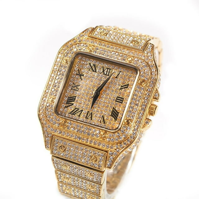 Mens Gold Finish Simulated Diamond Stainless Steel Iced Out Hip Hop ...