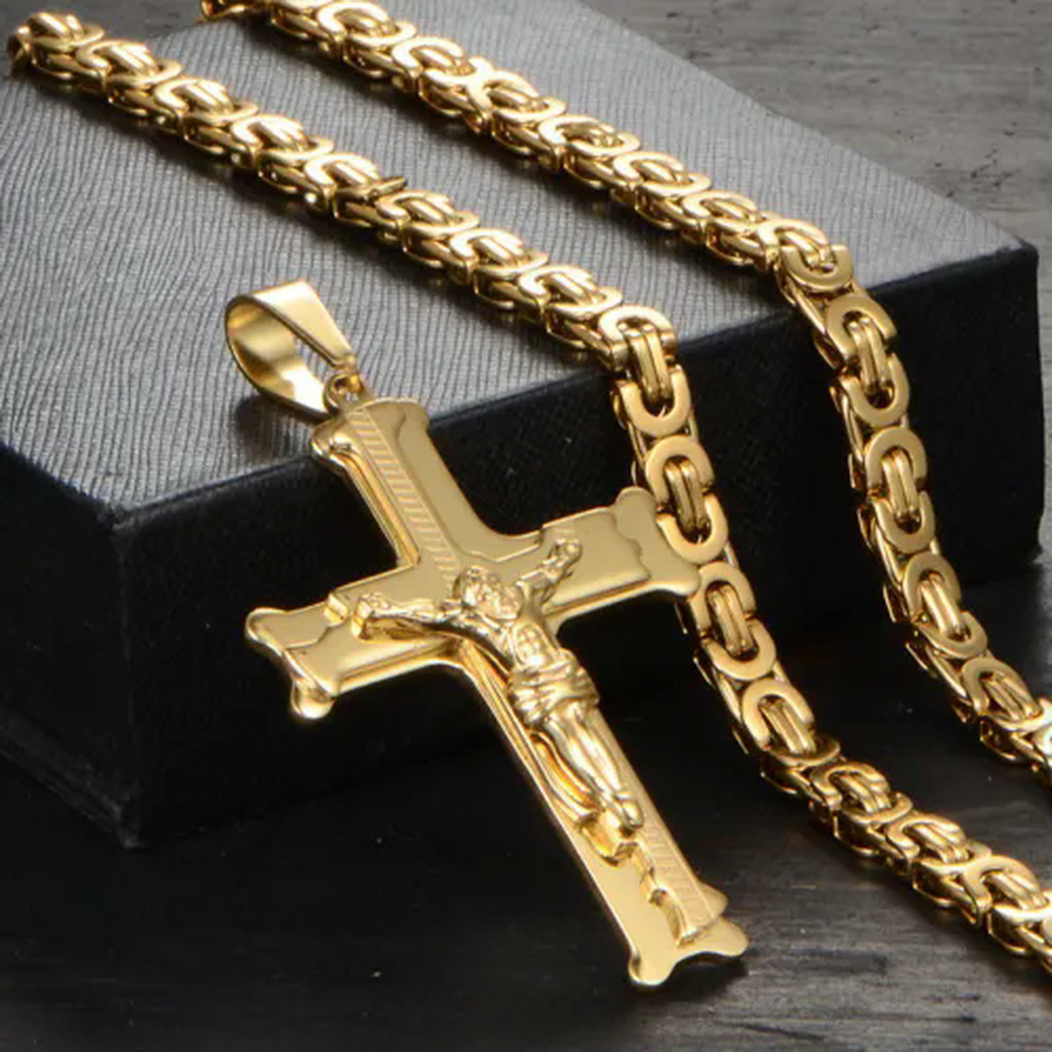 Mens Gold Religious Stainless Steel Jesus Church Cross Pendant Chain ...