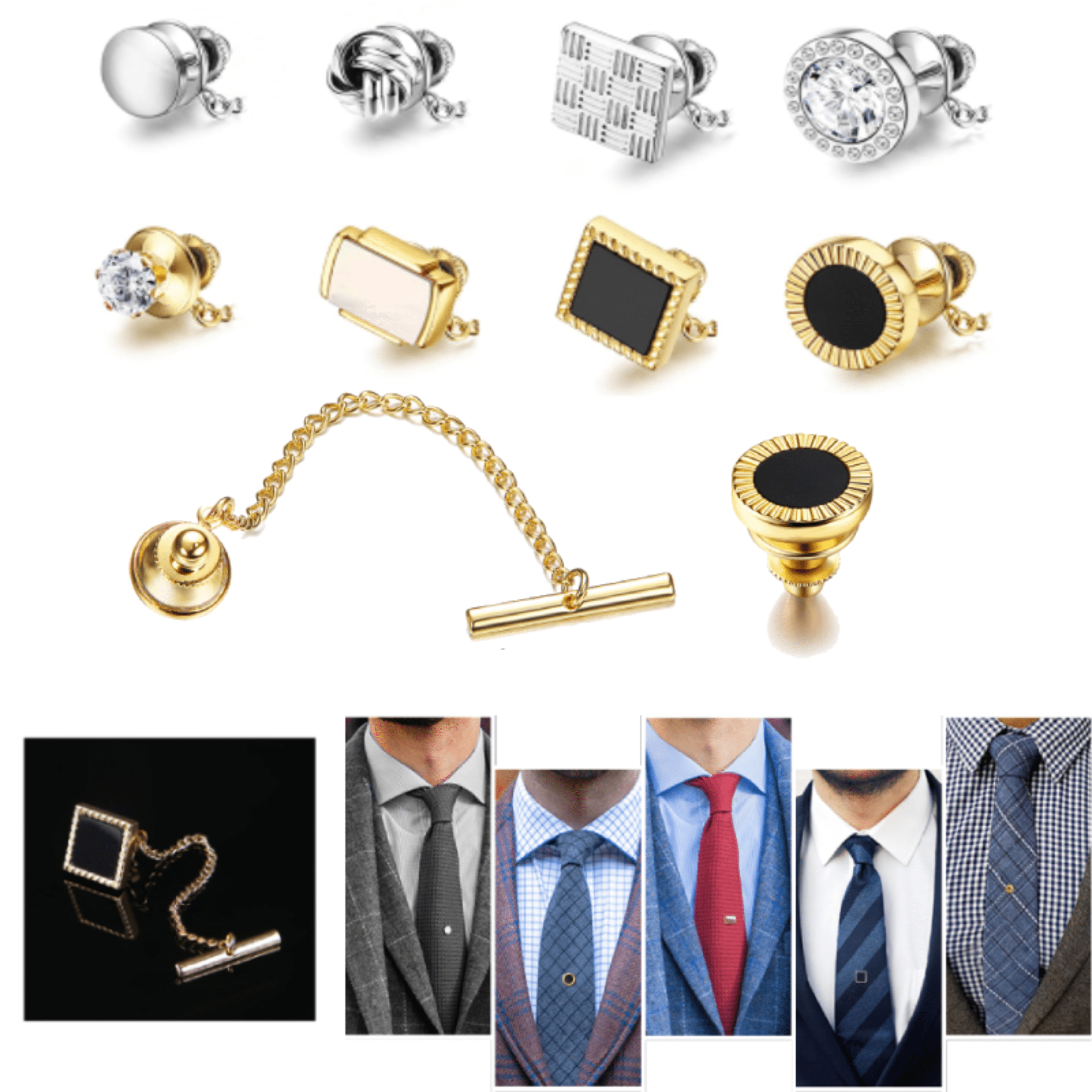Mens Gold Tone Black Clear Crystal Tie Tac Tack Pin Adult Male, 8 pack ...