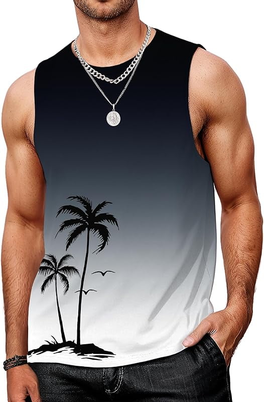Mens Graphic Tank Tops Workout Sleeveless Shirts Hawaiian Palm Tree Vacation Tanks for Men ...
