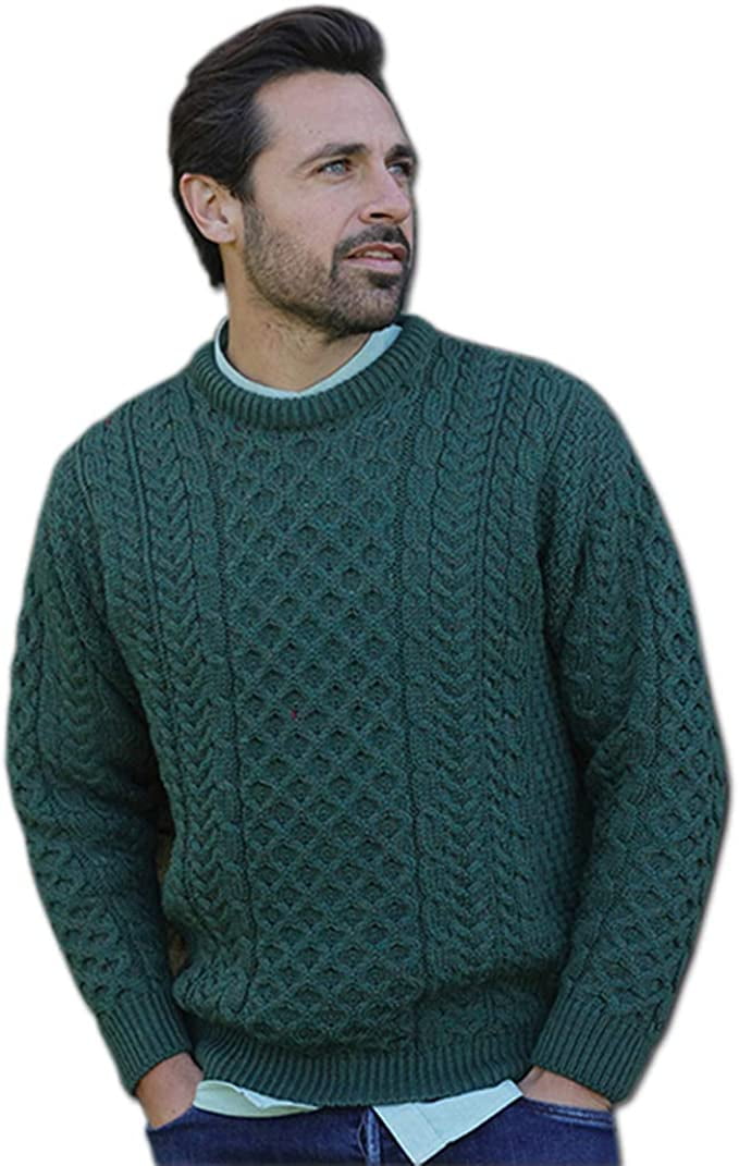 Aran Woollen Mills Men's Knitted Irish Wool Sweater, Connemara Green ...