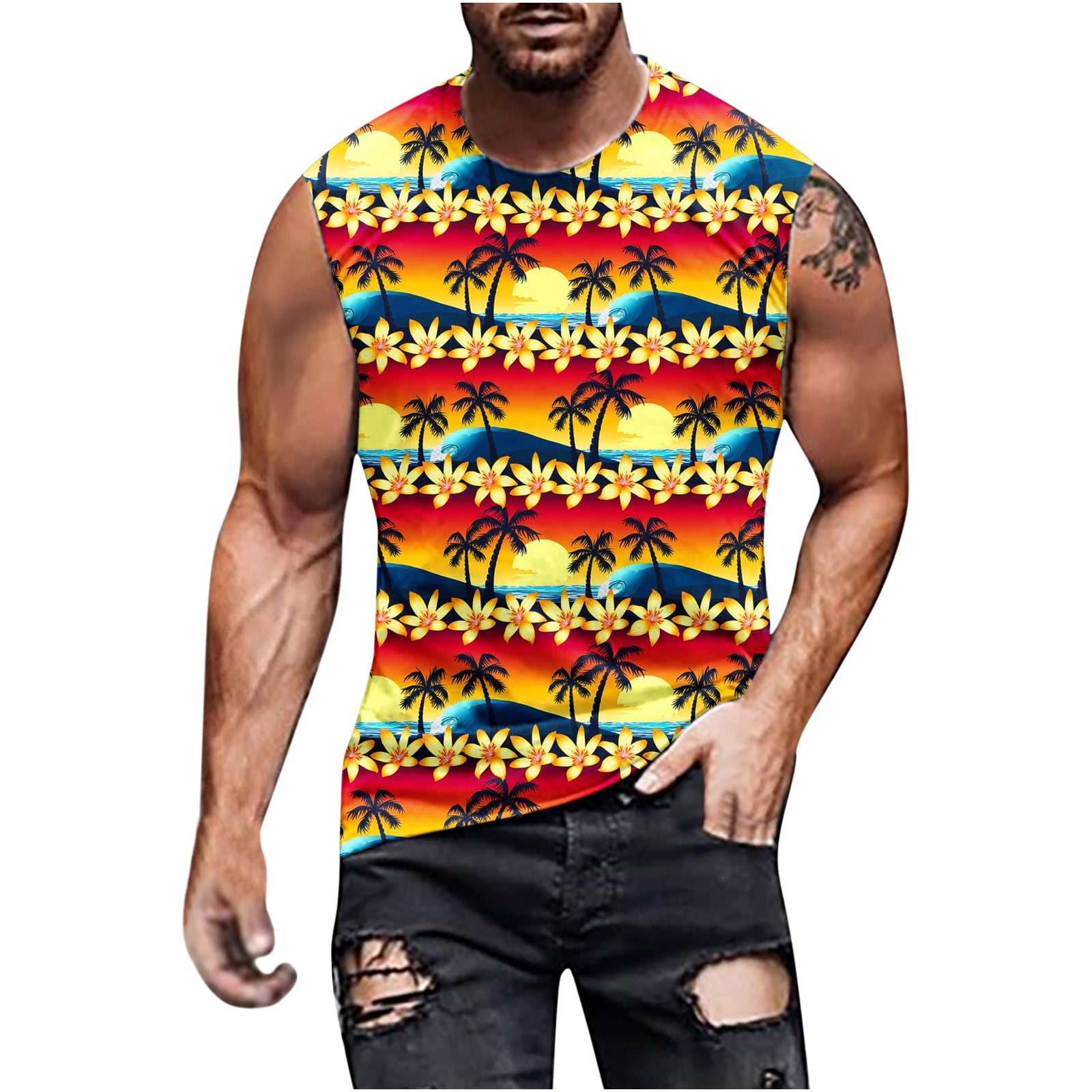 Mens Gym Training Sleeveless Muscle T-Shirt Tropical Printed Classic ...