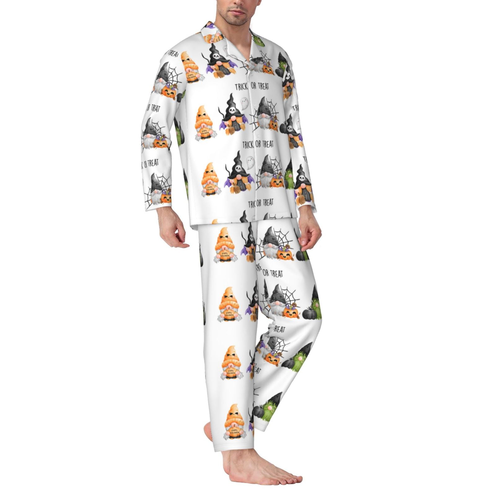 Mens Halloween Pajama Set Halloween Happy Old Man G Long Sleeve Pjs Set Halloween Sleepwear Button Down Loungewear with Pockets