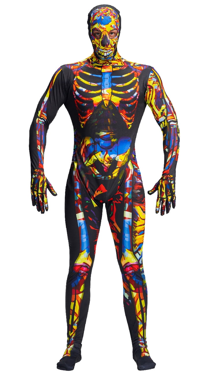 Mens Halloween Skeleton Costume, Bones Skull Printed Jumpsuit Bodysuit ...
