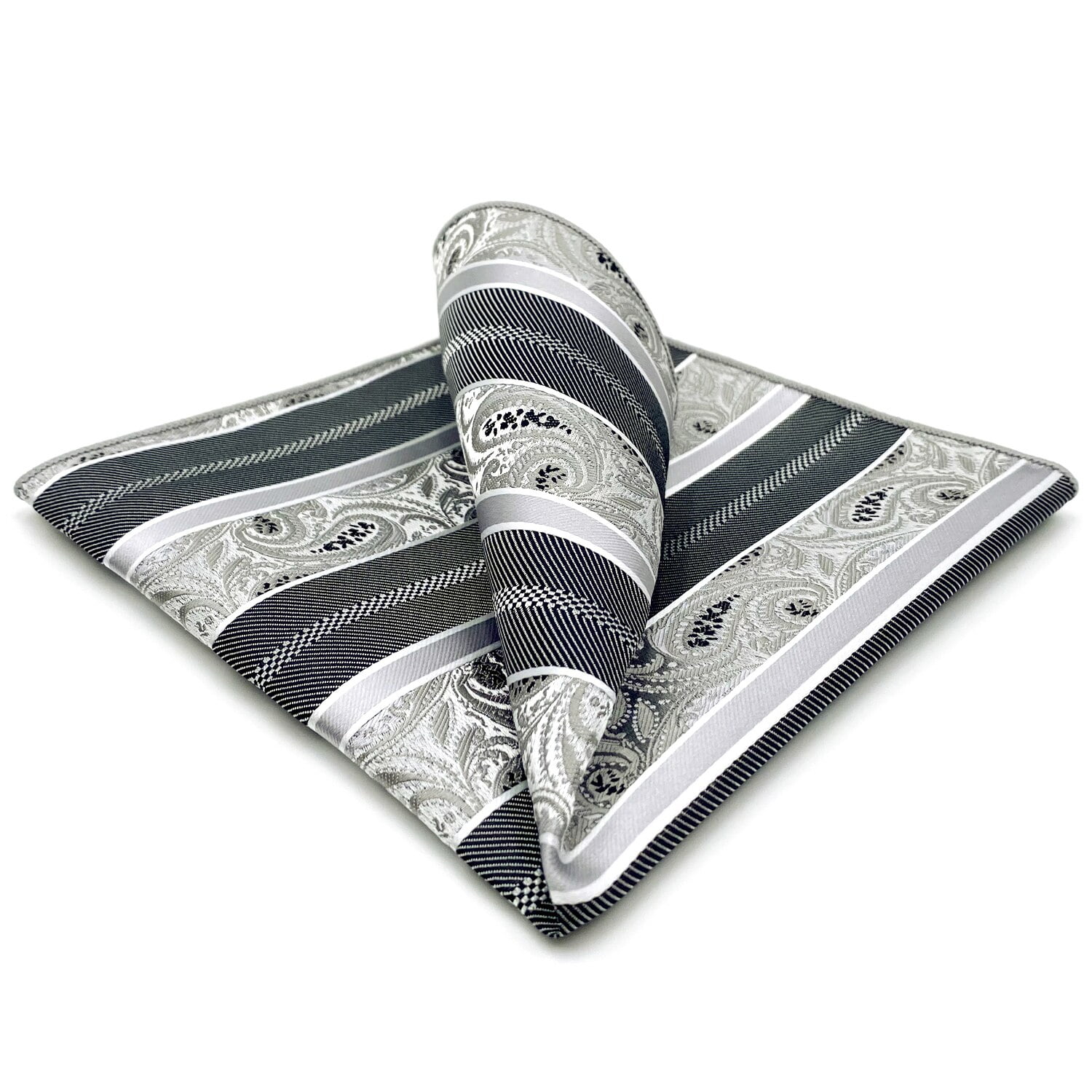 Mens Hanky Paisley Stripes Grey Silver Silk Pocket Square Hankies ...