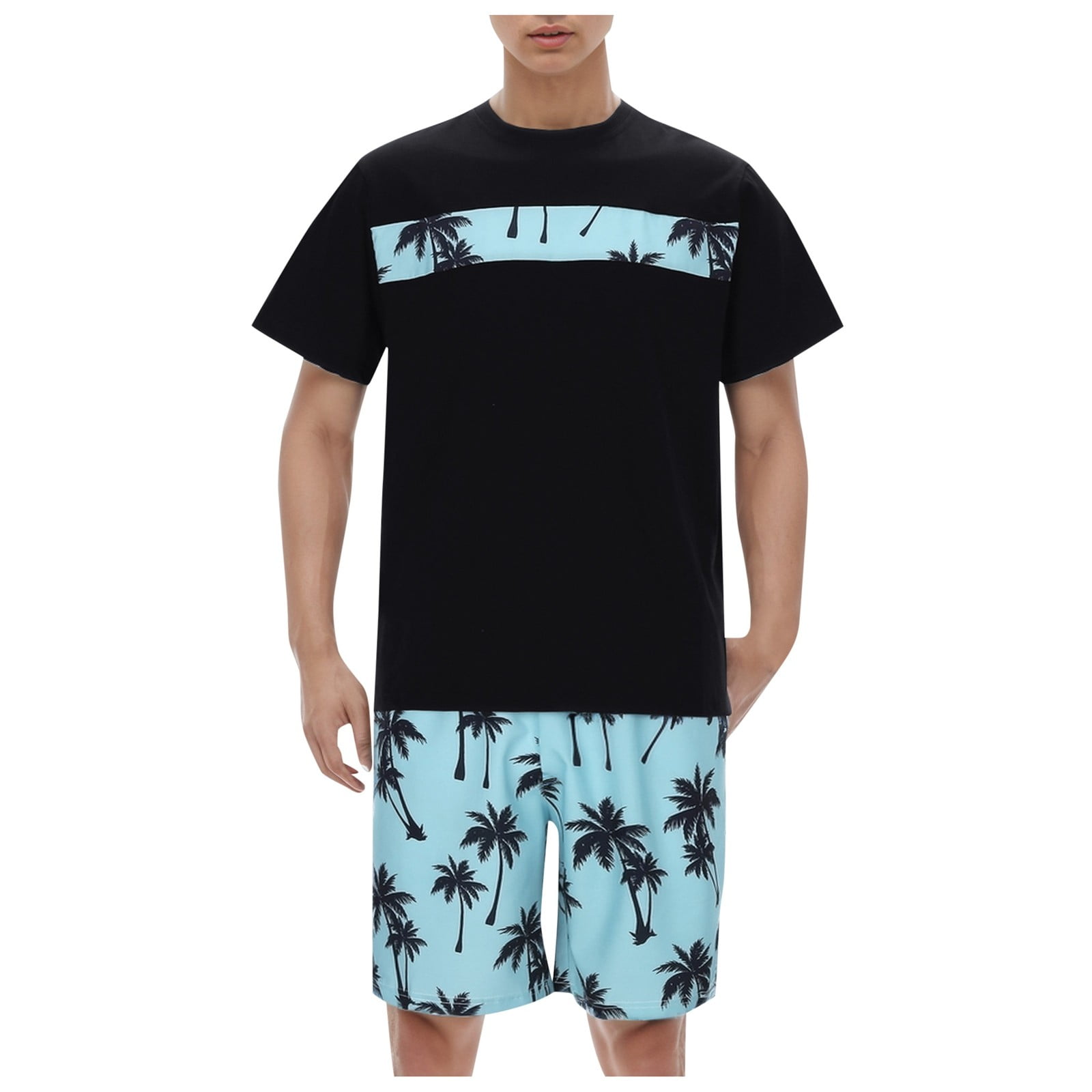 Mens Hawaiian Resort Suit Coconut Tree Print Short Sleeve T Shirt and ...