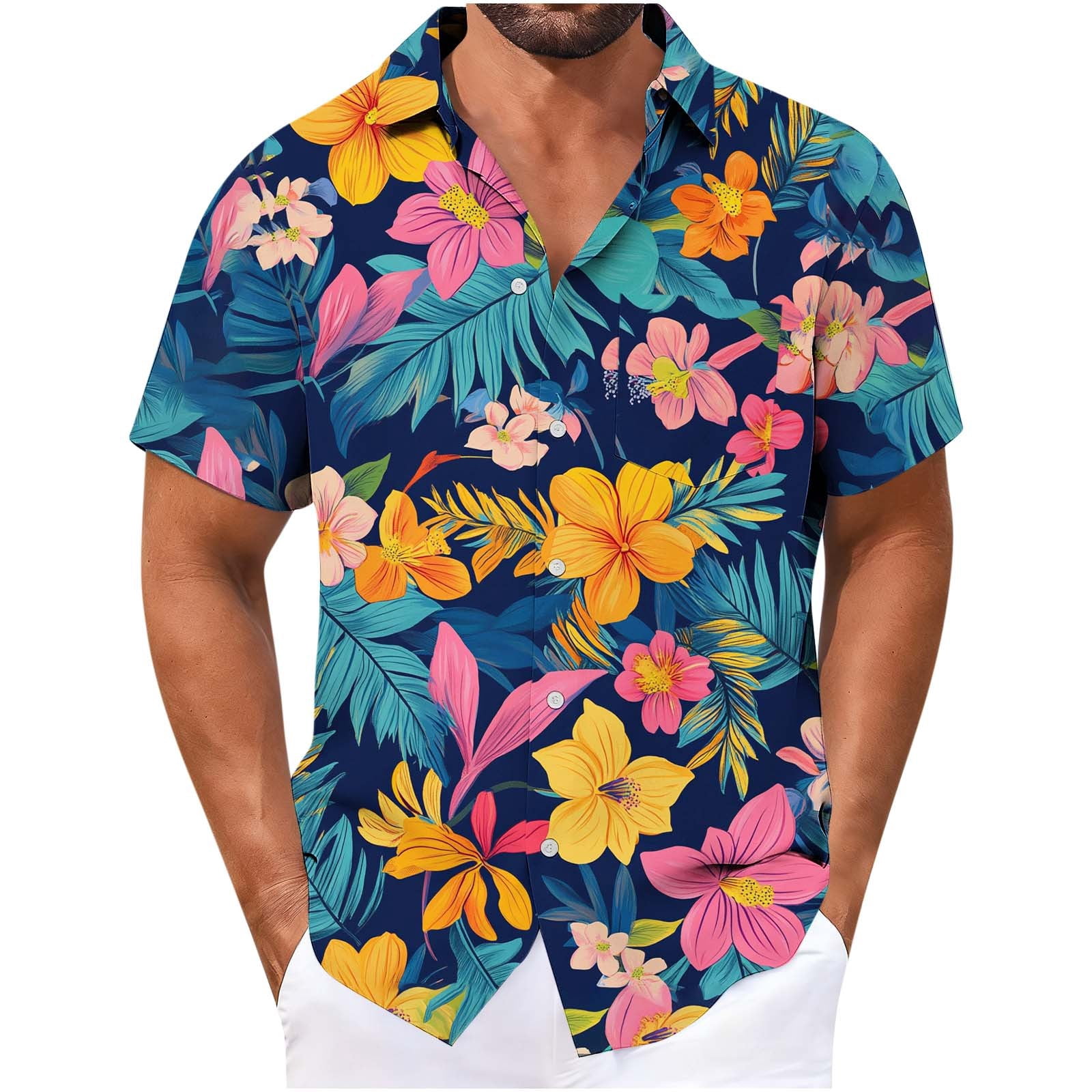 Mens Hawaiian Shirt Oversized Short Sleeve Button Down Lapel Hawaiian T ...