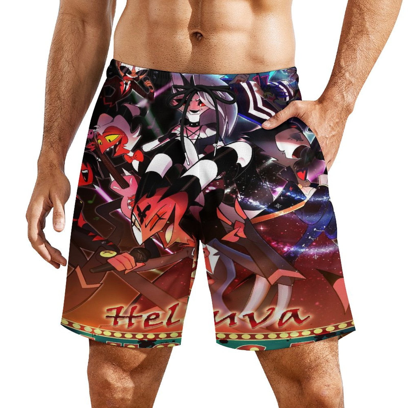 Mens Hazbin Hotel Helluva Boss Swim Trunks with Compression Liner Quick ...