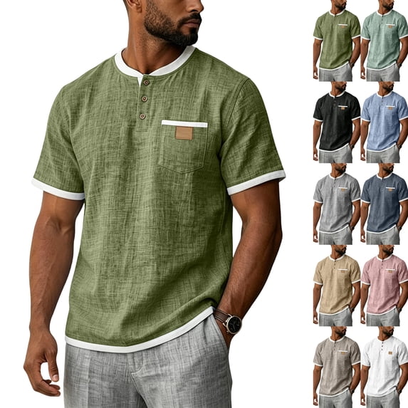 Mens Henley Linen Cotton Crew Neck Color Block Short Sleeve T-Shirts ...
