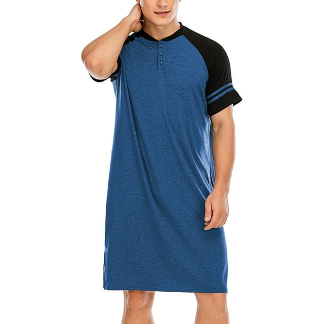 Mens Henley Long Sleep Shirt Nightshirt, Short-Sleeve Comfy Sleepwear ...