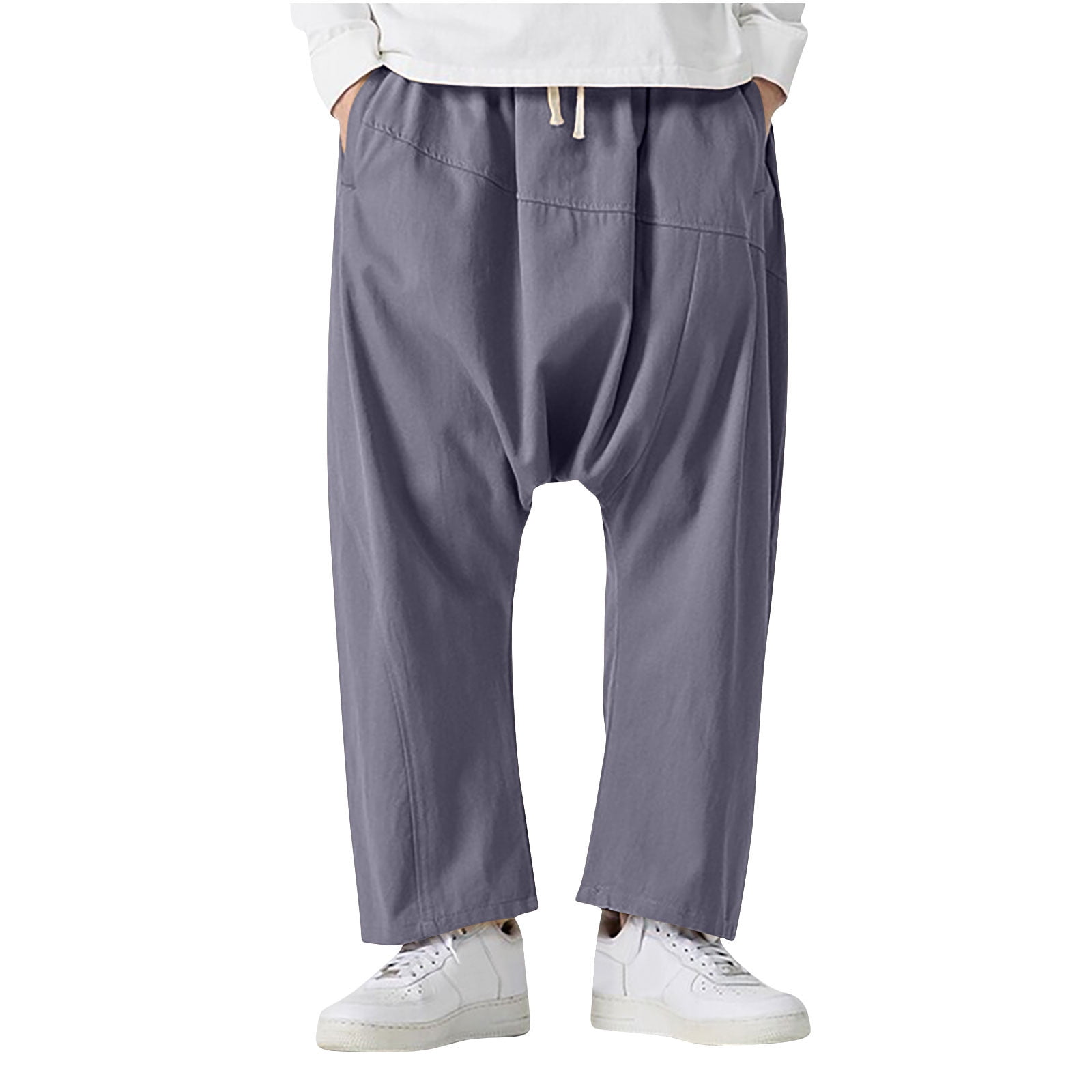 Mens Hip Hop Harem Pants Drop Crotch Drawstring Beach Summer Trousers Solid Color Oversized Wide ...