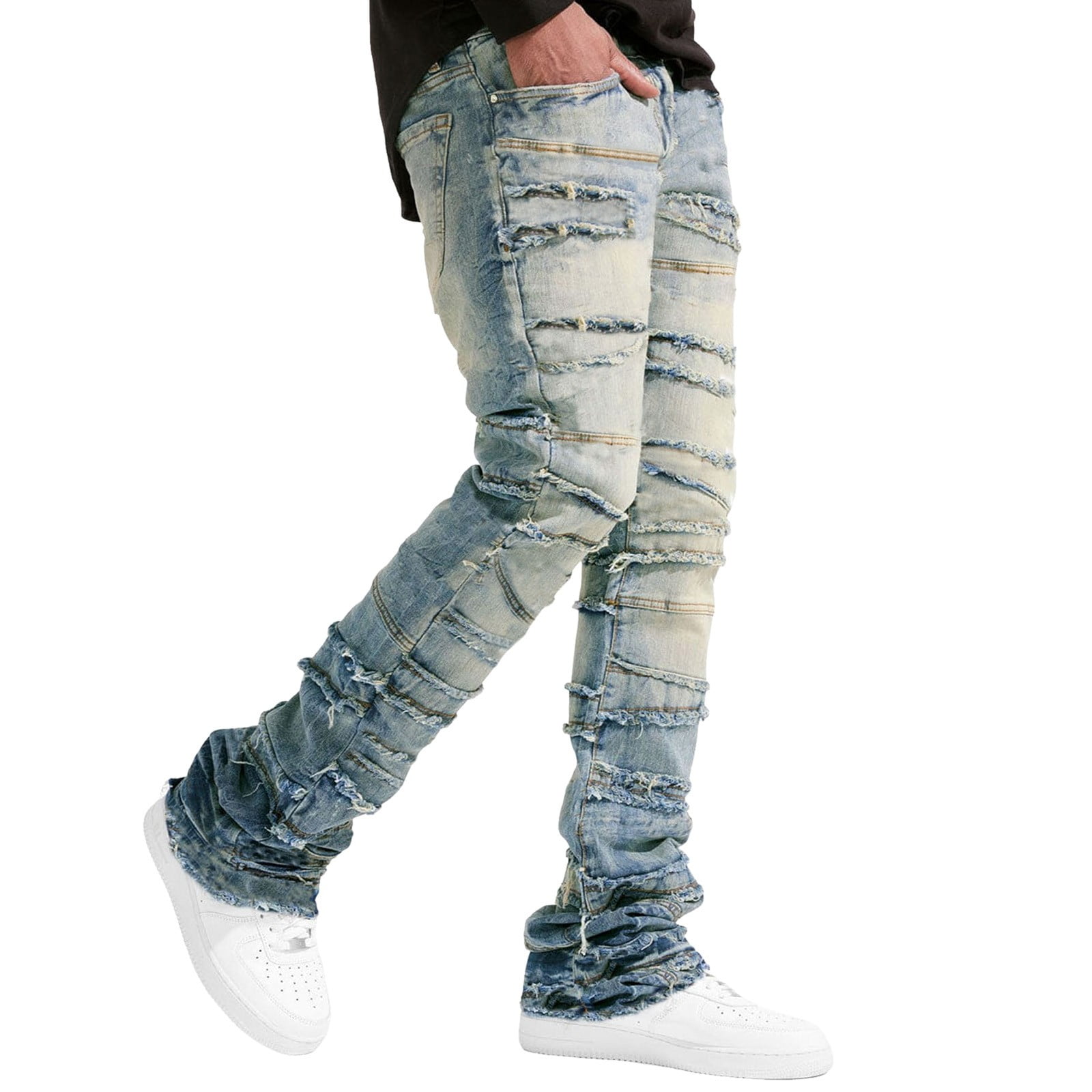 Mens Jeans Pants Stretch Fit Skinny Stacked Ripped Slim Fit Patch Slim ...