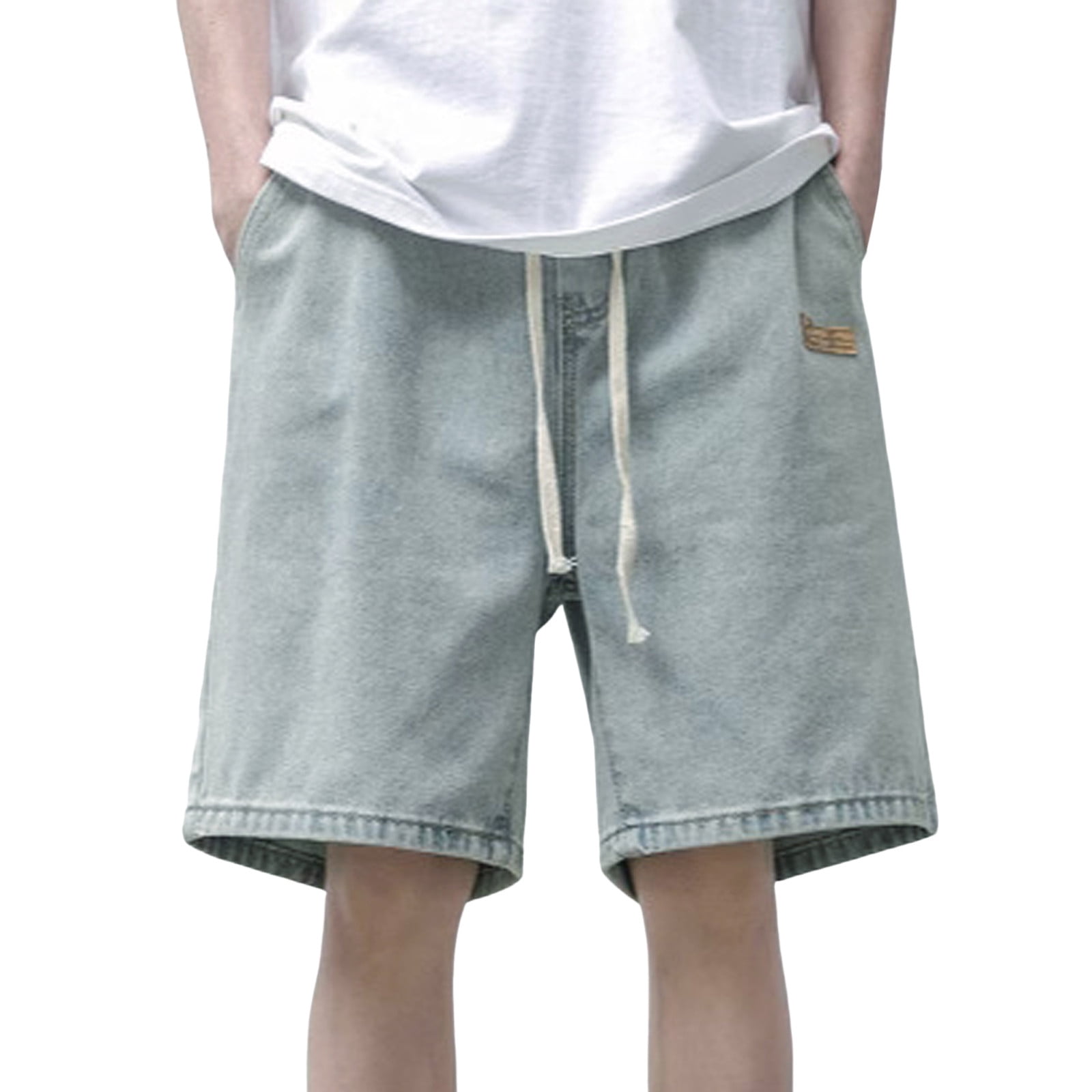 Mens Jeans Summer Casual Retro Elastic Waist Drawstring Straight Wide ...