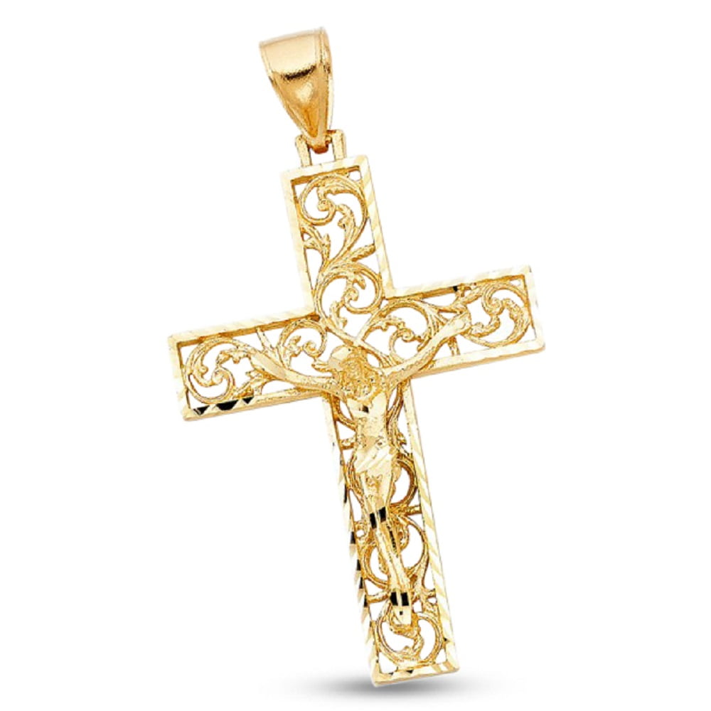 Mens Jesus Cross Filigree Grill Pendant Crucifix Solid 14k Yellow Gold ...