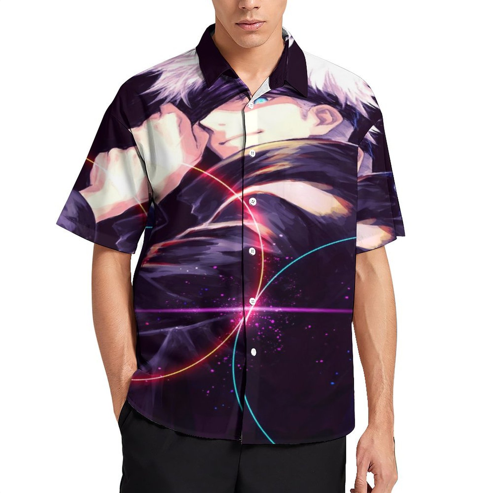 Mens Jujutsu Kaisen Gojo Button Down Short Sleeve Dress Shirt Novelty ...
