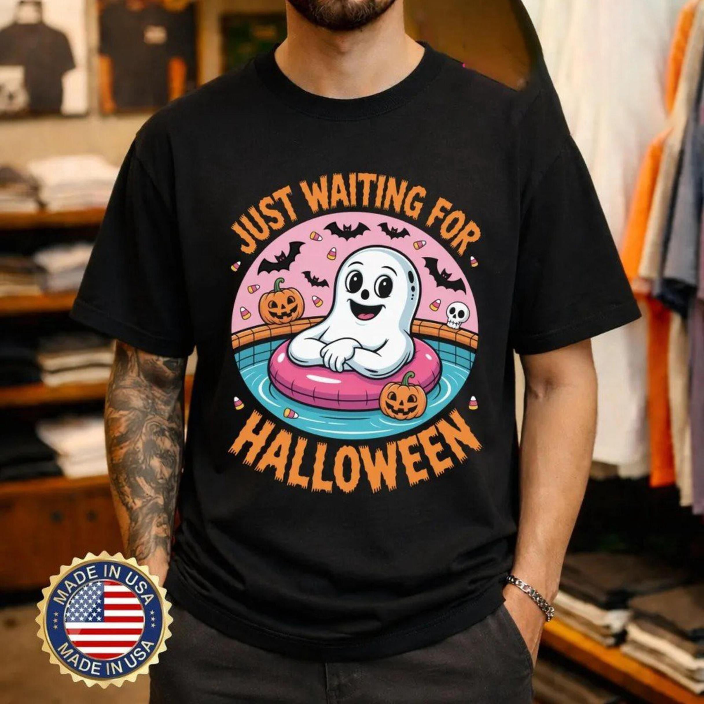 Mens Just Waiting for Halloween Summerween Ghost Scary Funny Shirt_logo ...