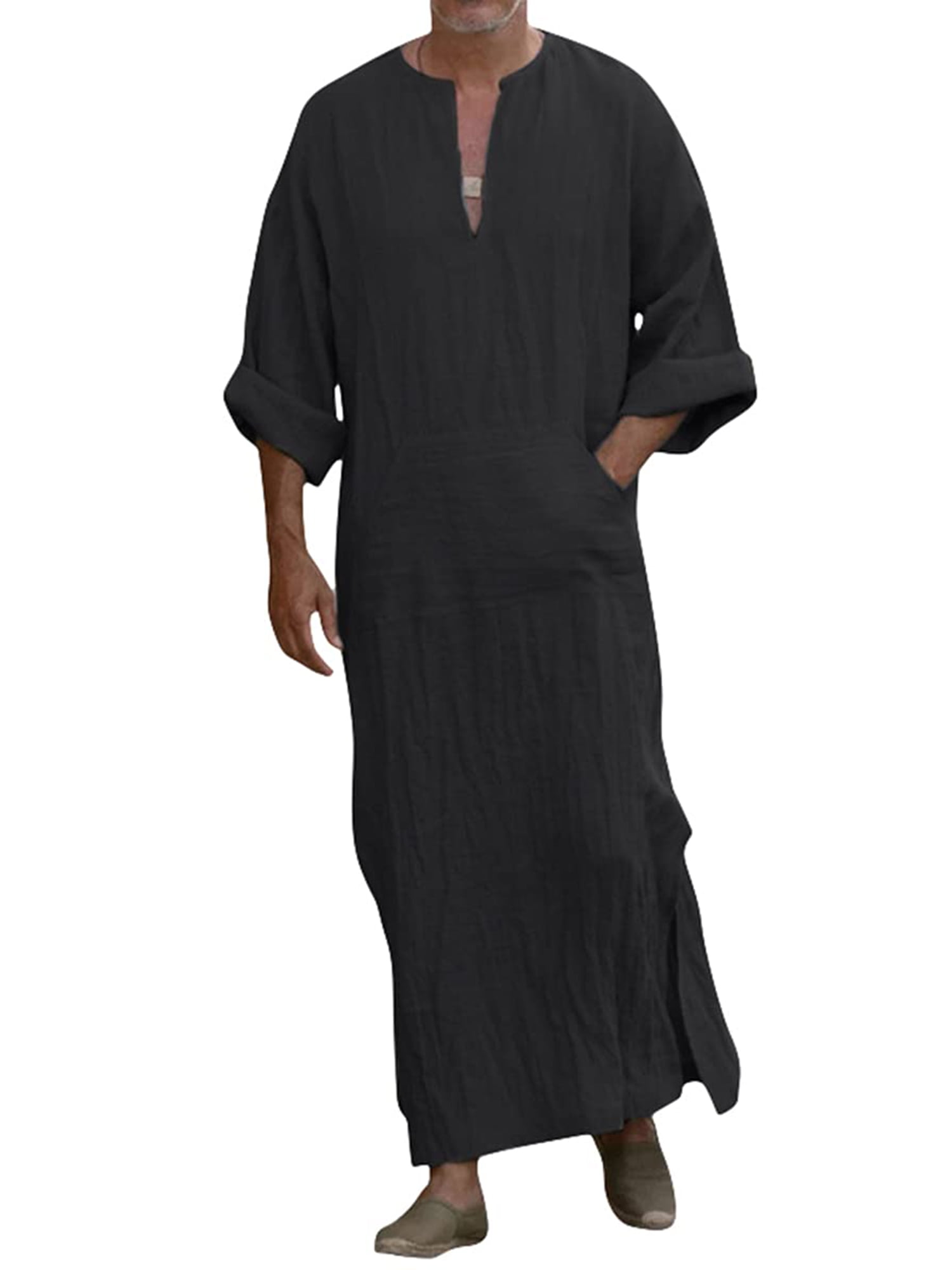 Mens Kaftan Half Sleeve V Neck Long Gown Saudi Arab Thobe Mid-East ...