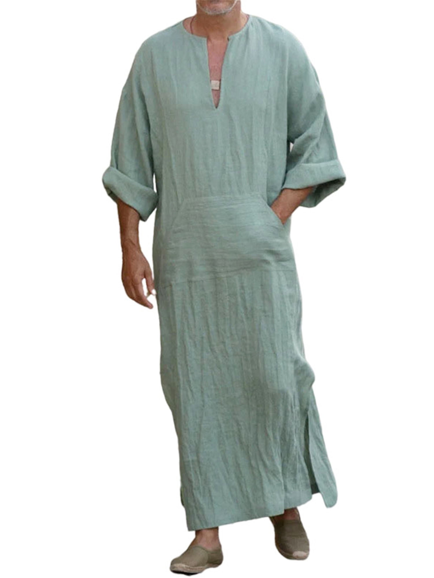 Mens Kaftan Half Sleeve V Neck Long Gown Saudi Arab Thobe Mid-East ...