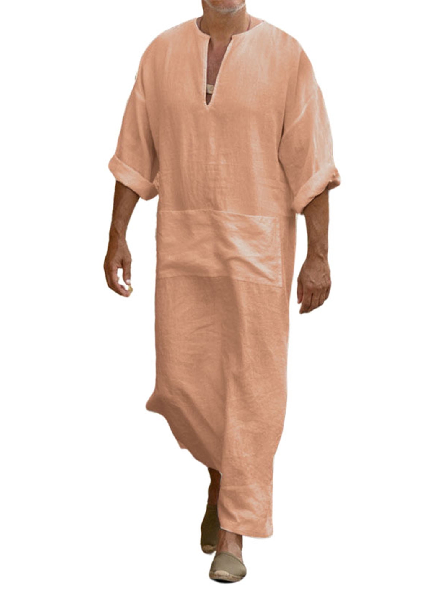 Mens Kaftan Half Sleeve V Neck Long Gown Saudi Arab Thobe Mid-East ...